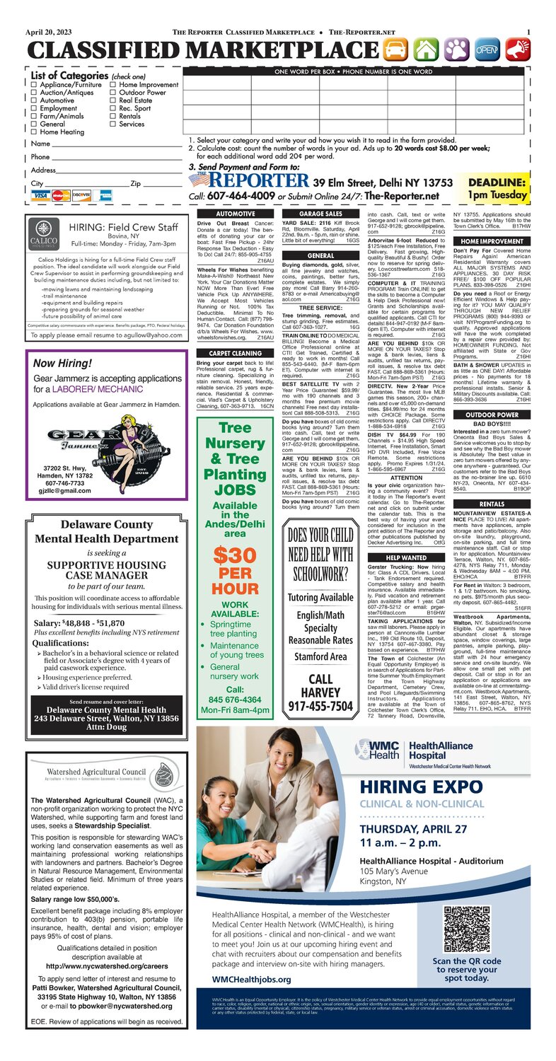 Reporter Classified Marketplace | The Reporter (Catskills Today)