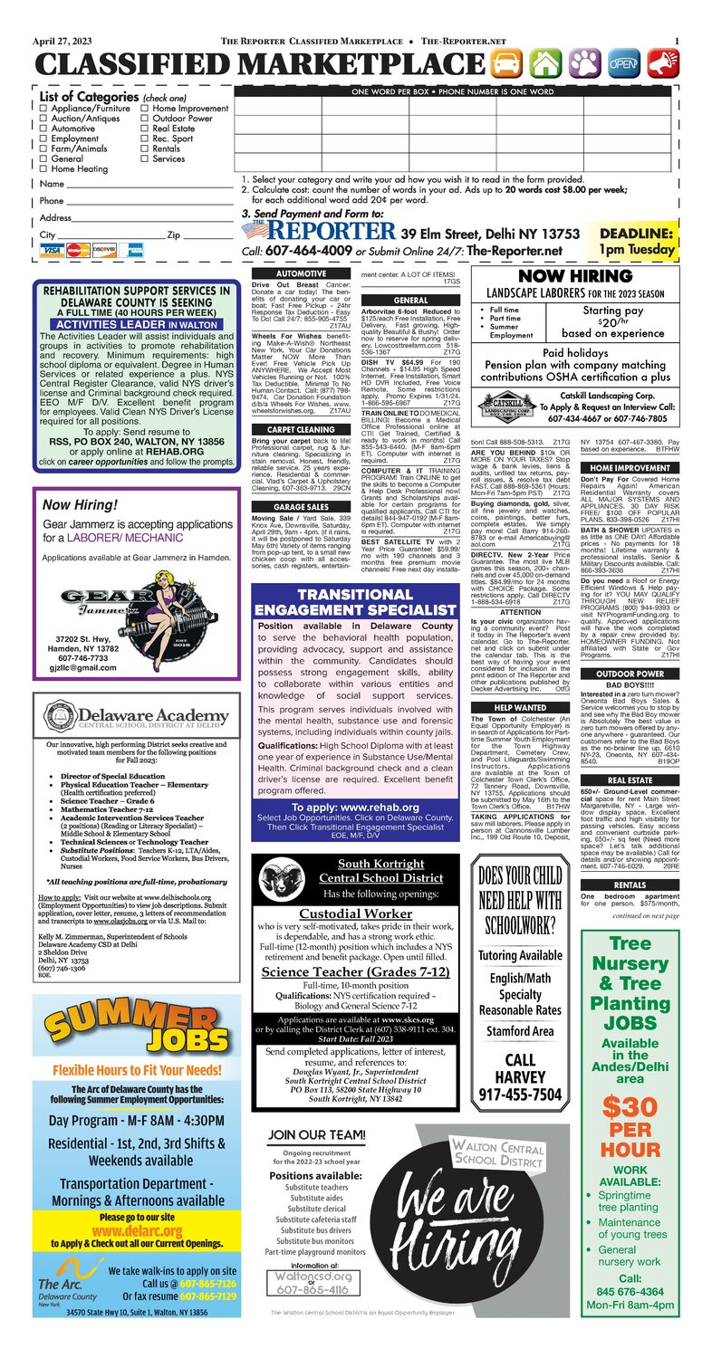 Reporter Classified Marketplace | The Reporter (Catskills Today)
