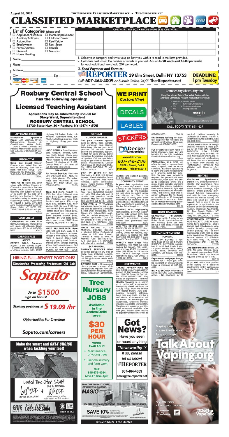 Reporter Classified Marketplace | The Reporter (Catskills Today)