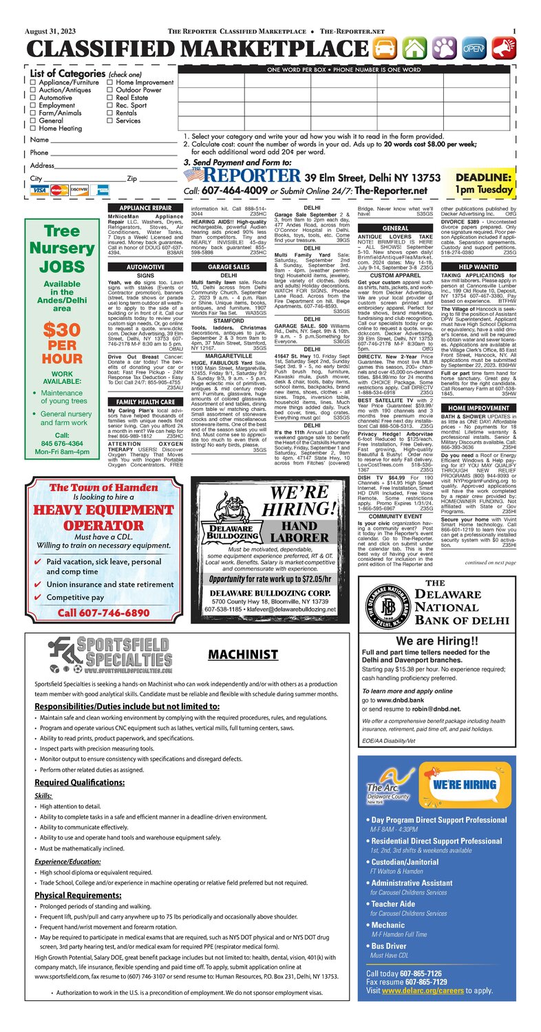 Reporter Classified Marketplace | The Reporter (Catskills Today)