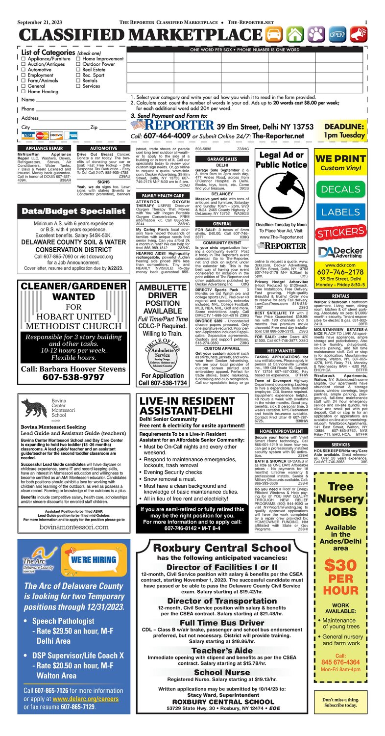 Reporter Classified Marketplace | The Reporter (Catskills Today)