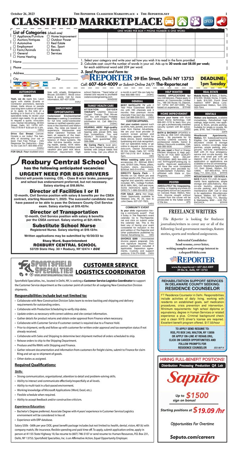 Reporter Classified Marketplace | The Reporter (Catskills Today)