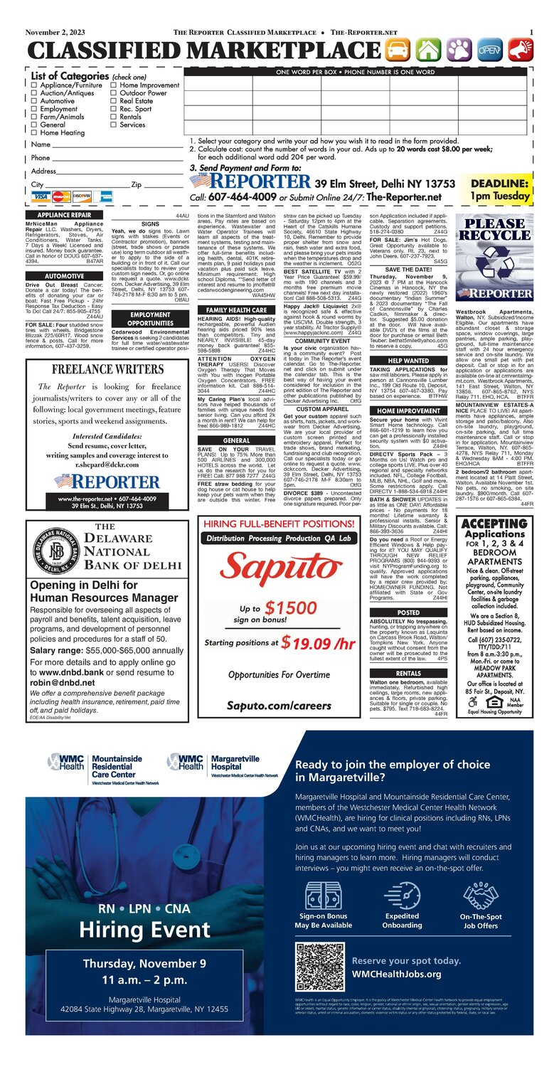 Reporter Classified Marketplace | The Reporter (Catskills Today)