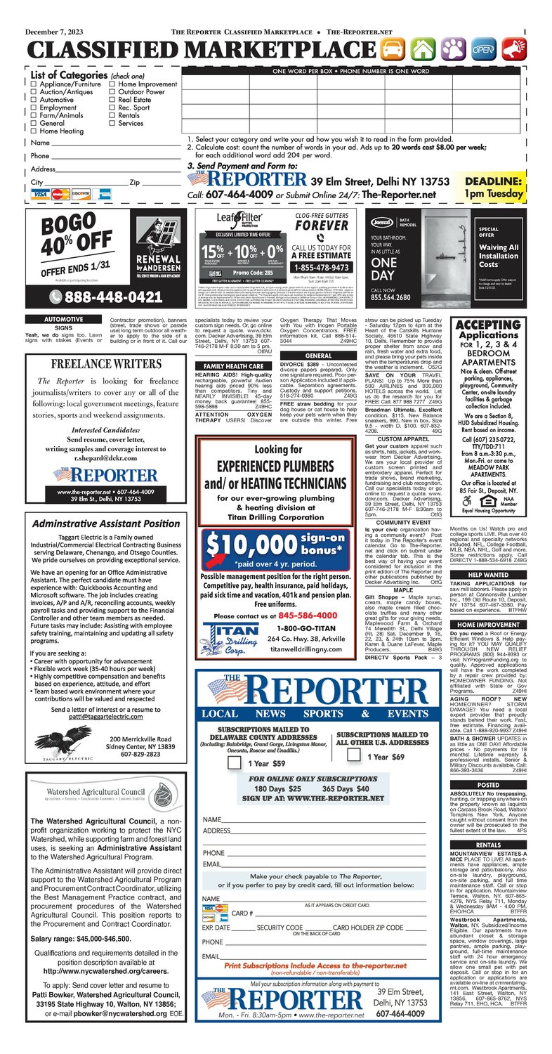 Reporter Classified Marketplace | The Reporter (Catskills Today)