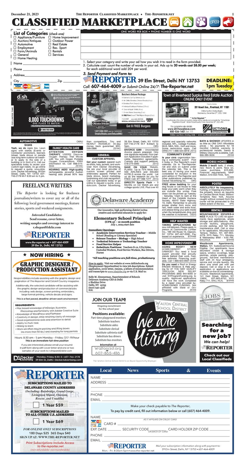Reporter Classified Marketplace | The Reporter (Catskills Today)