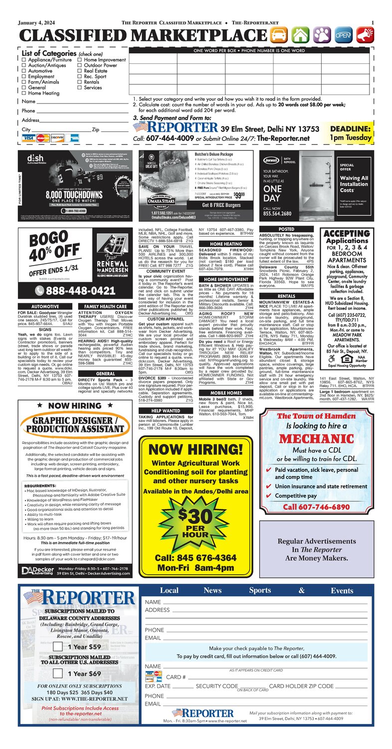 Reporter Classified Marketplace | The Reporter (Catskills Today)