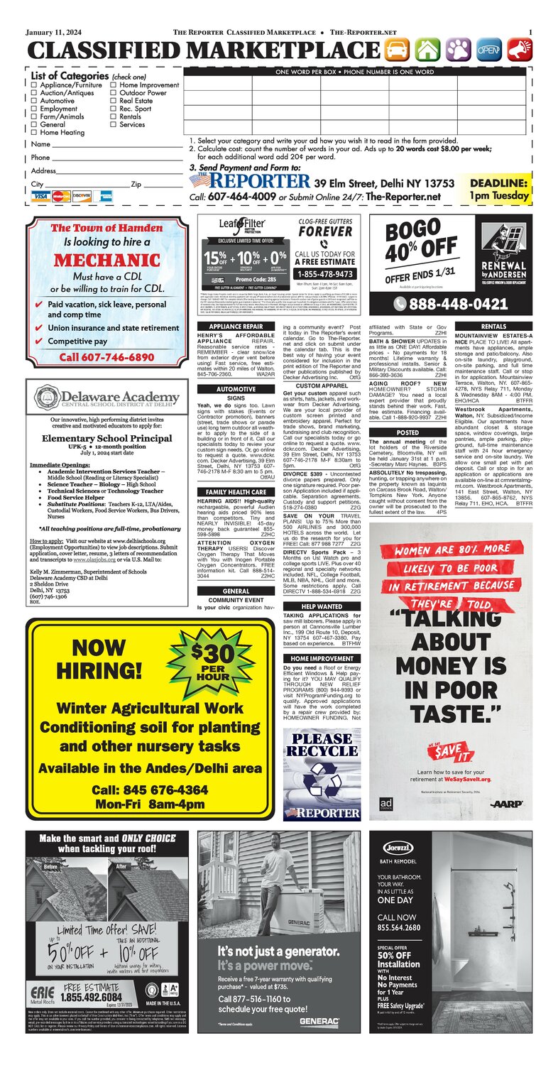 Reporter Classified Marketplace | The Reporter (Catskills Today)