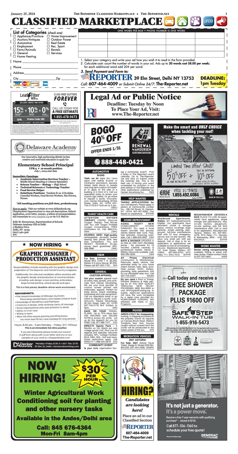 Reporter Classified Marketplace | The Reporter (Catskills Today)