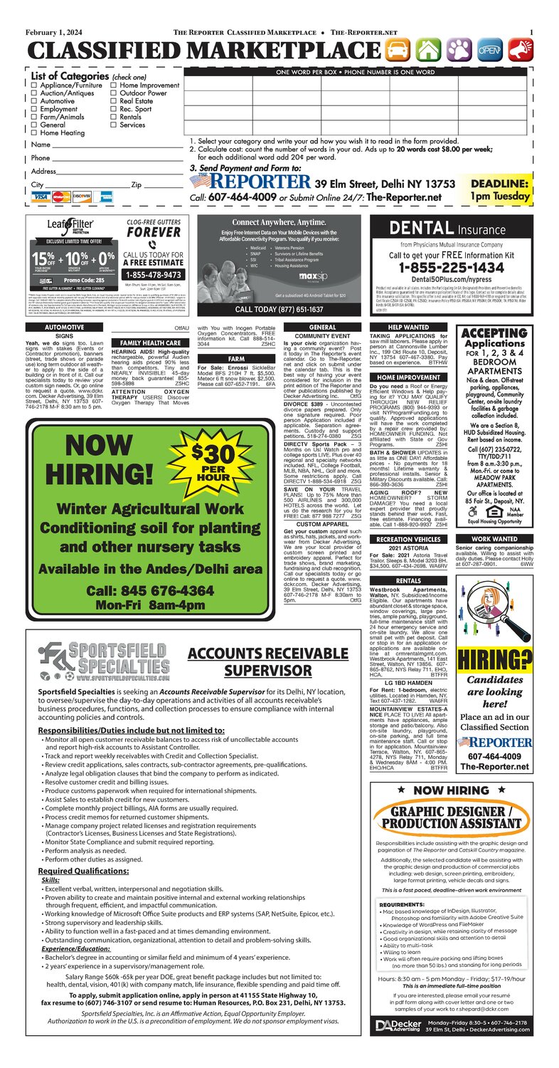 Reporter Classified Marketplace | The Reporter (Catskills Today)