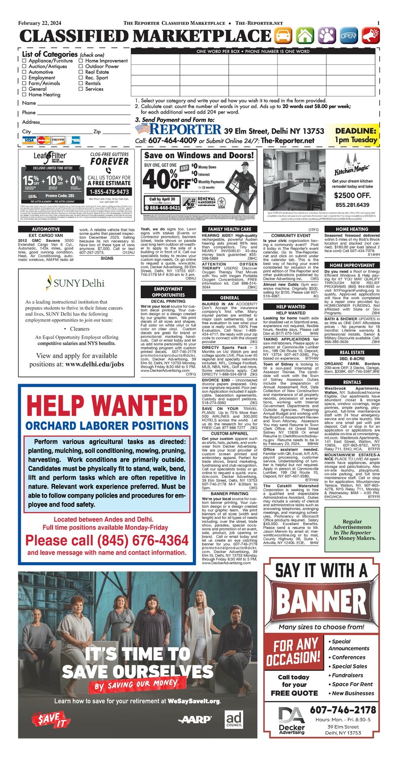 Reporter Classified Marketplace | The Reporter (Catskills Today)