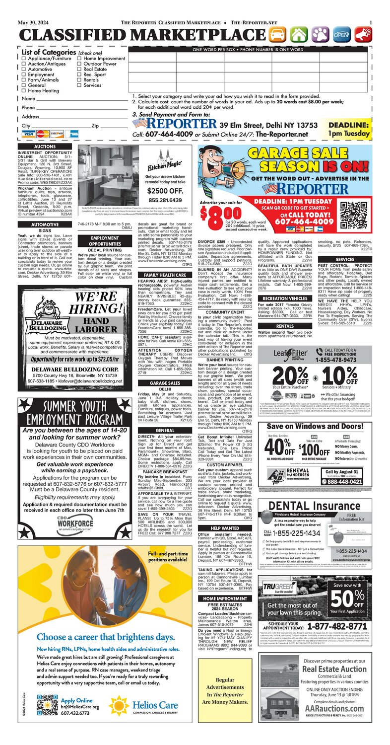 Reporter Classified Marketplace | The Reporter (Catskills Today)