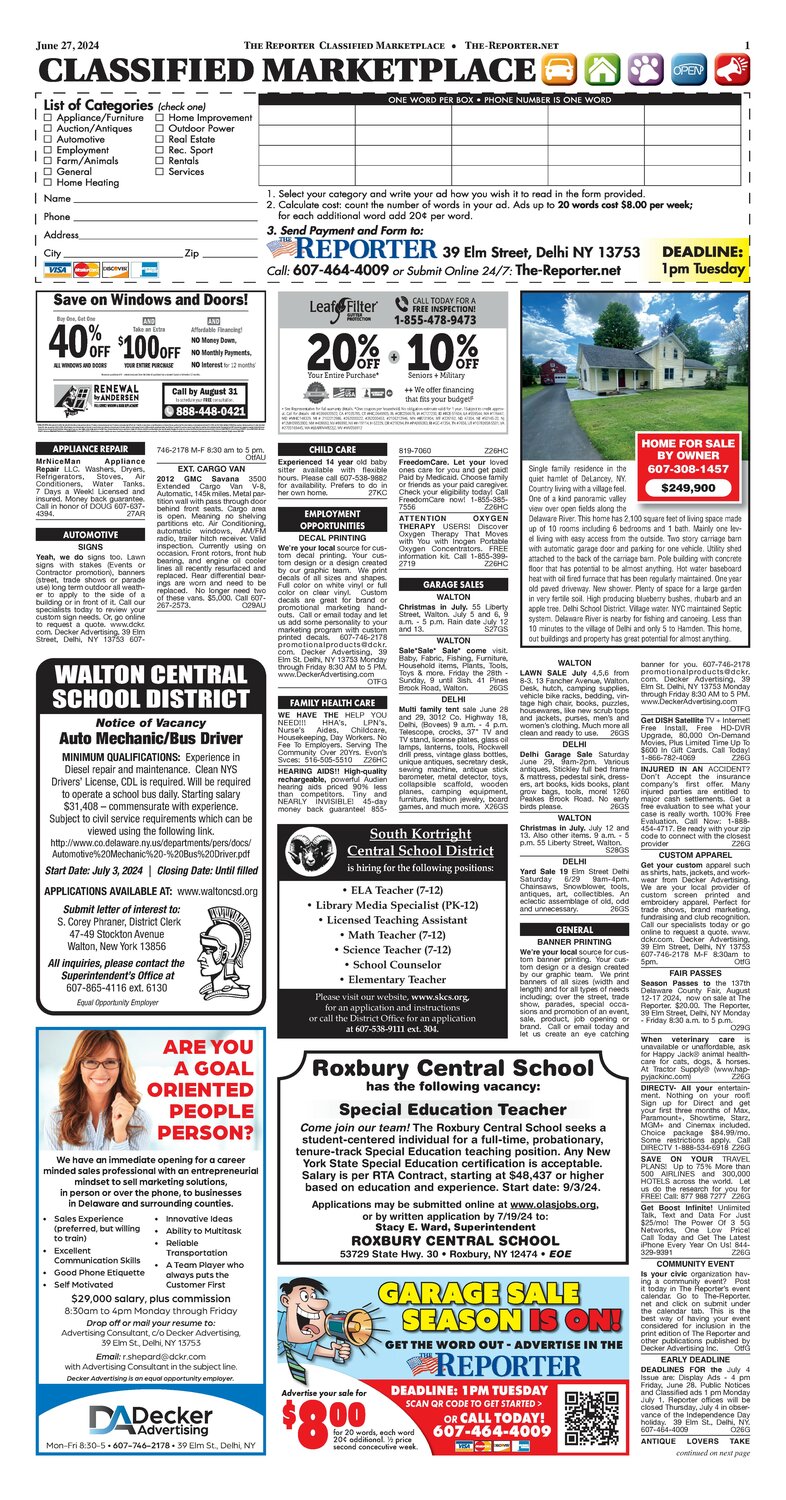 Reporter Classified Marketplace | The Reporter (Catskills Today)