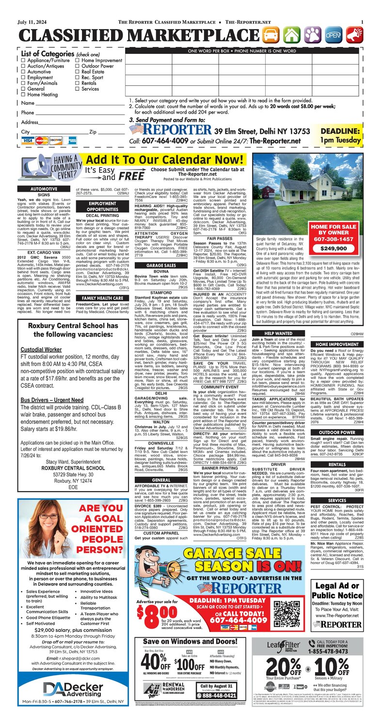 Reporter Classified Marketplace | The Reporter (Catskills Today)