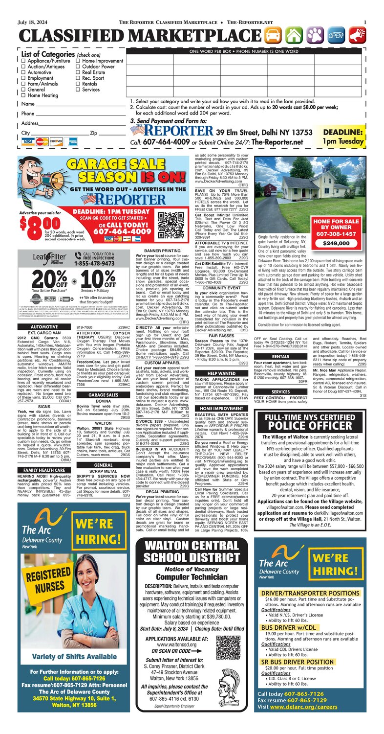 Reporter Classified Marketplace | The Reporter (Catskills Today)