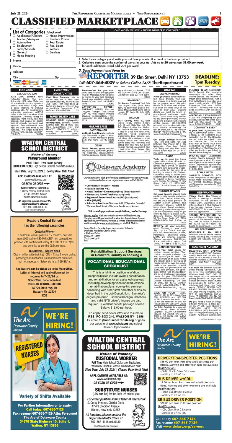 Reporter Classified Marketplace | The Reporter (Catskills Today)