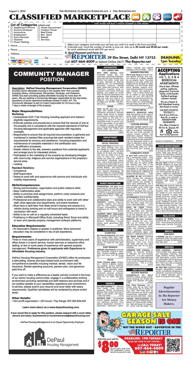 Reporter Classified Marketplace | The Reporter (Catskills Today)