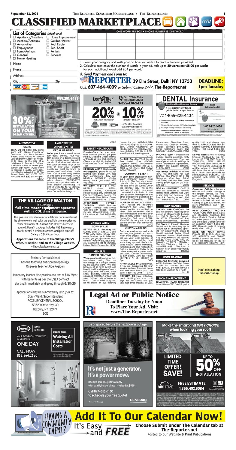 Reporter Classified Marketplace | The Reporter (Catskills Today)