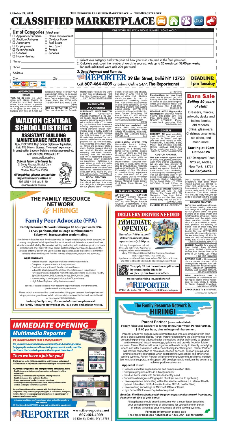 Reporter Classified Marketplace | The Reporter (Catskills Today)