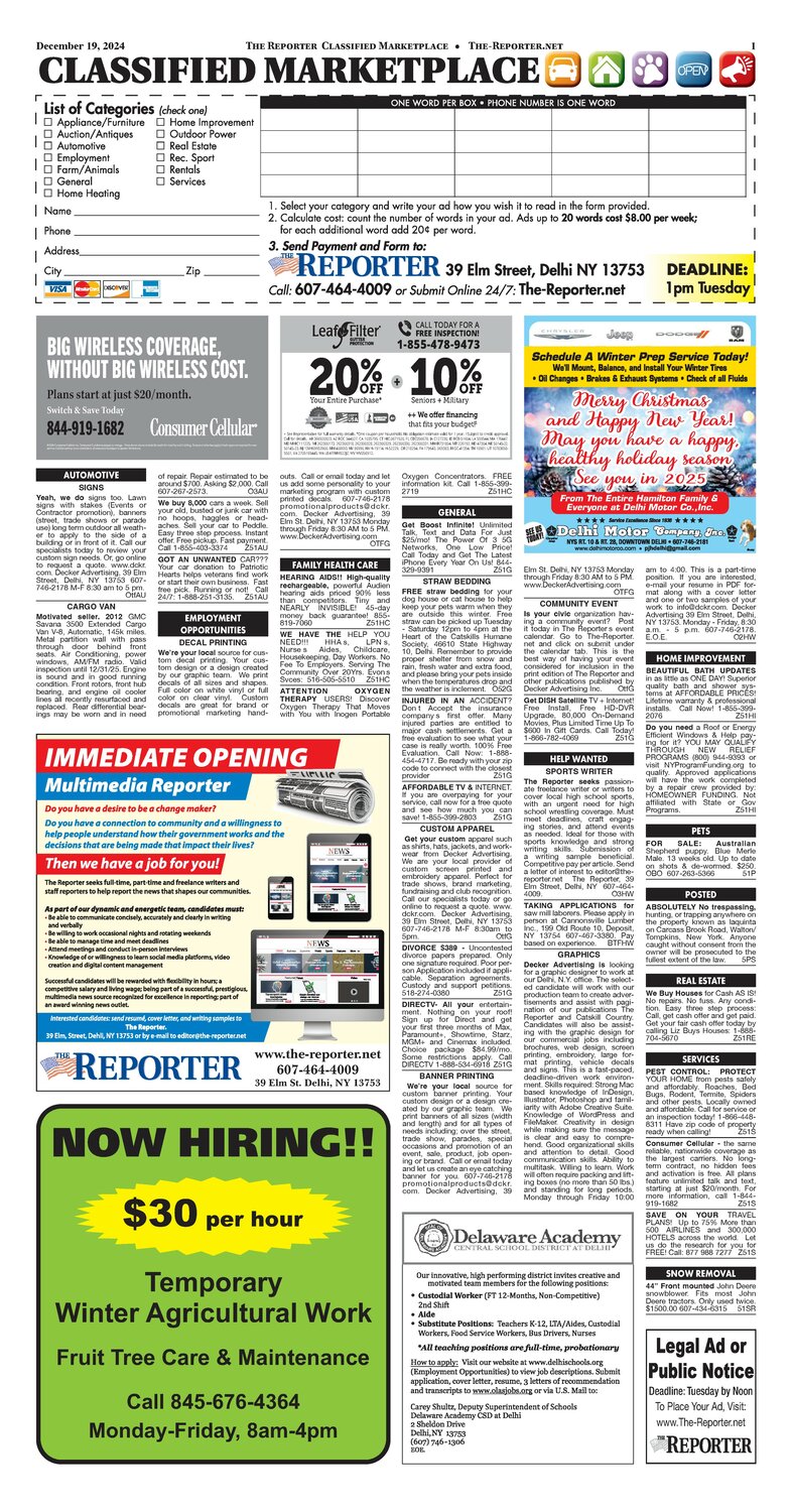 Reporter Classified Marketplace | The Reporter (Catskills Today)