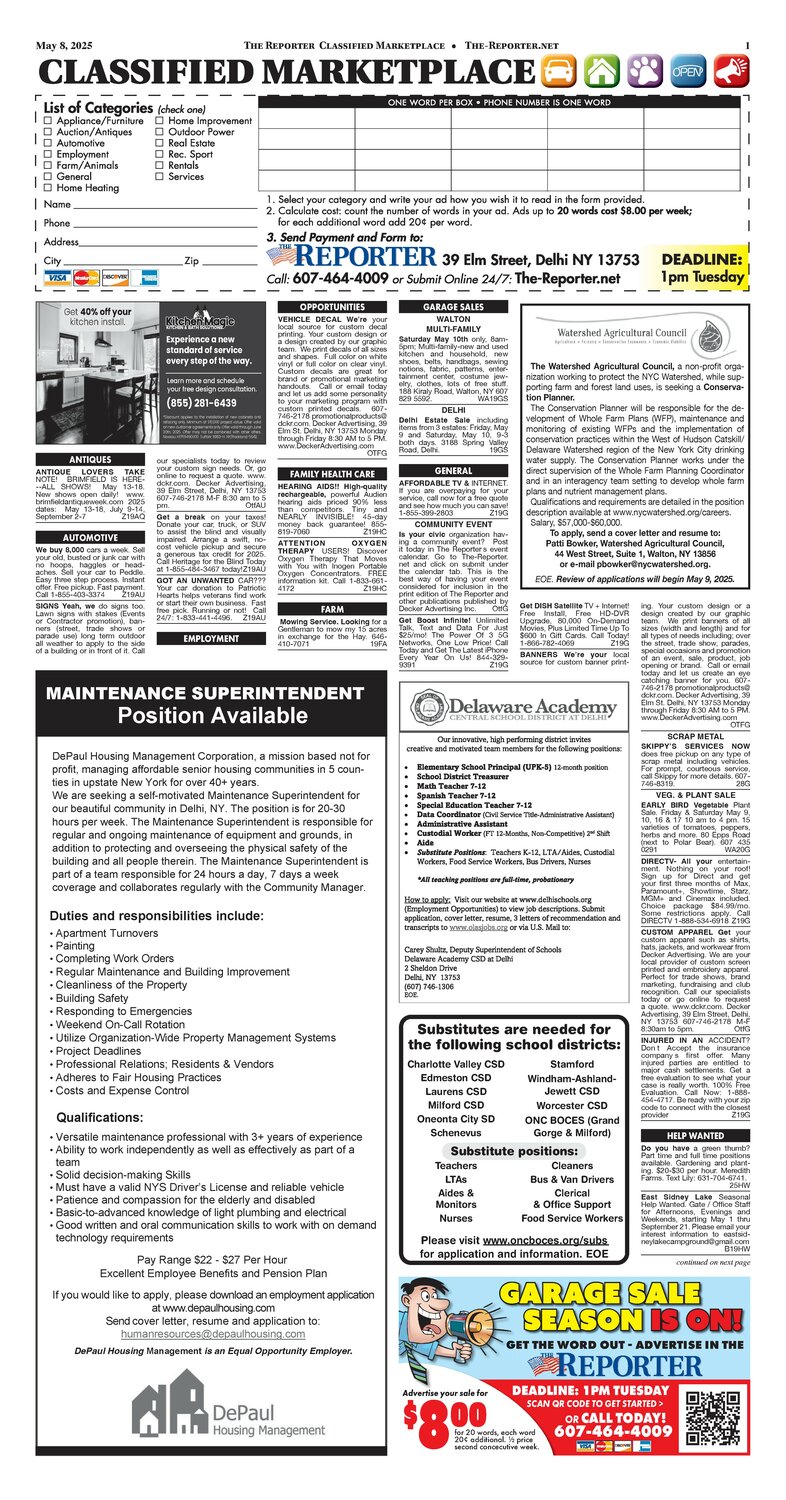 Reporter Classified Marketplace | The Reporter (Catskills Today)
