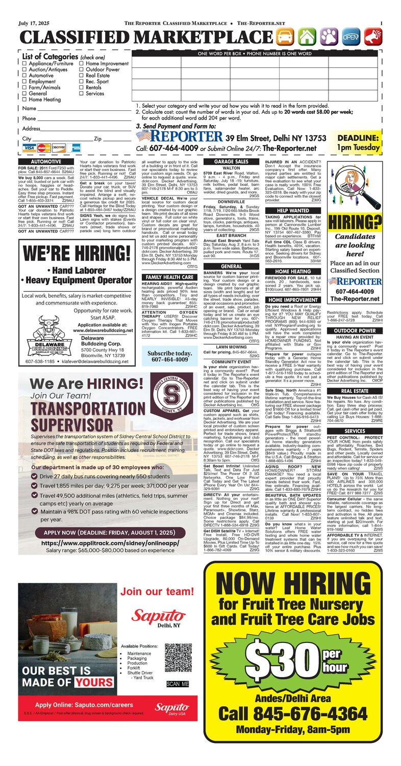 Reporter Classified Marketplace | The Reporter (Catskills Today)