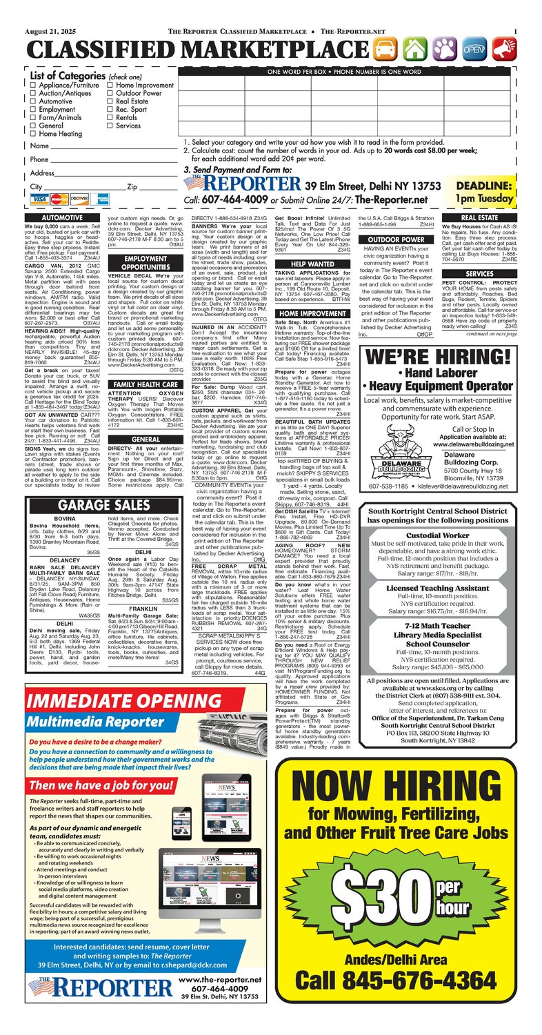 Reporter Classified Marketplace | The Reporter (Catskills Today)