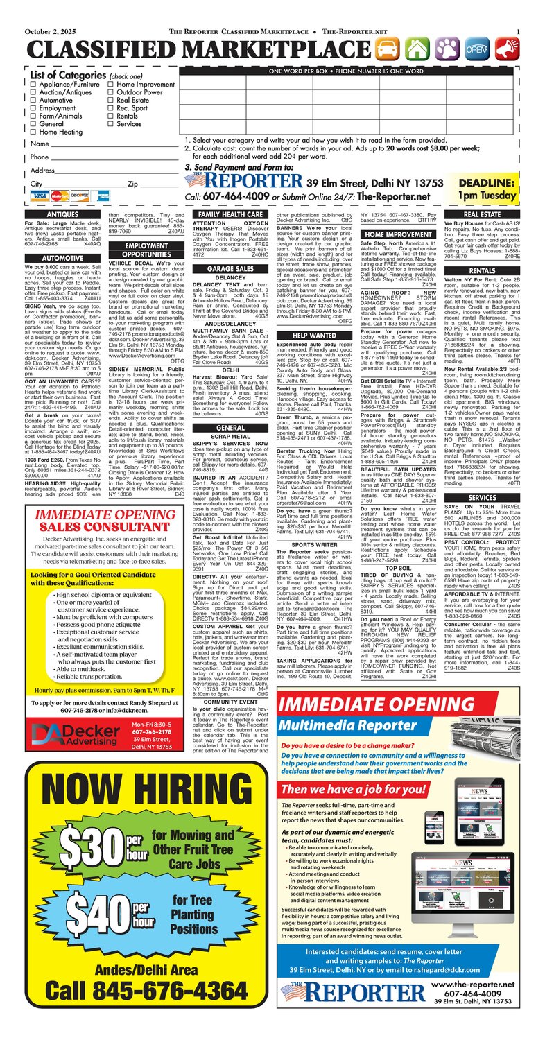 Reporter Classified Marketplace | The Reporter (Catskills Today)