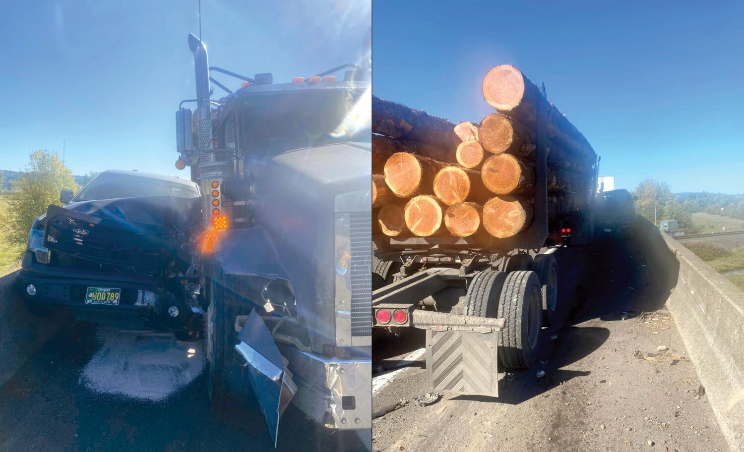 Driver avoids major injuries after logging truck pins vehicle against ...