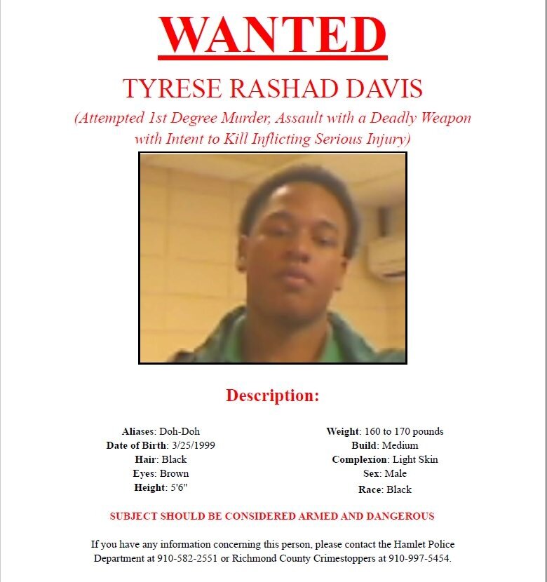 Hamlet Police issue wanted poster for shooting suspect - Richmond Observer