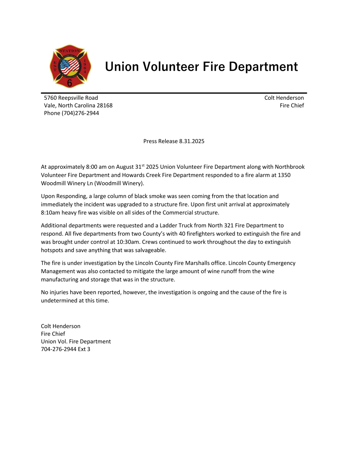 Woodmill Winery Fire - Union FD Press Release - Wise News Network