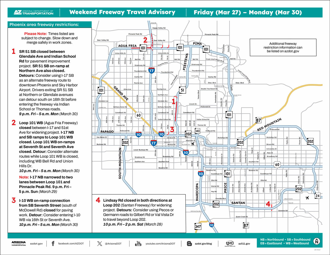 ADOT puts SR 51, Loop 101 lane closures, street restrictions on weekend ...